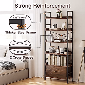 Pipishell Bookshelf, 6-Tier Bookcase with Storage Drawer, Tall Bookshelf Storage Rack with Metal Frame & Wood Grain Finish, Industrial Bookshelf for Living Room, Bedroom, and Home Office, PIBS02WN