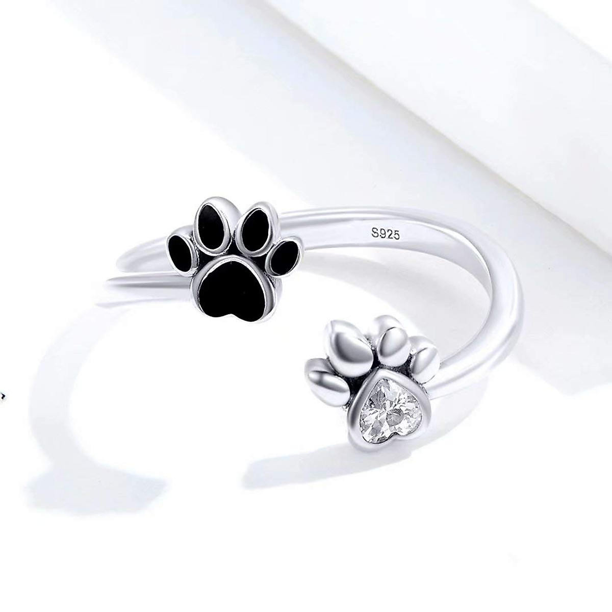 Qings Dog Paw Open Ring 925 Sterling Silver Adjustable Pet Footprint Ring Gift for Mom and Wife
