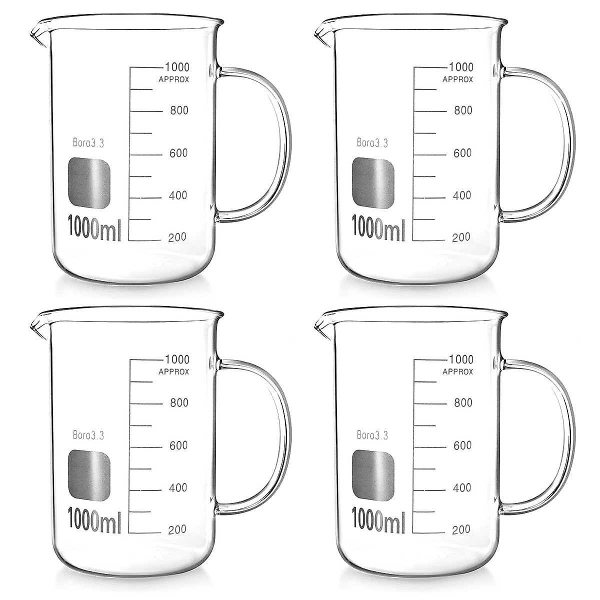 QWORK Beaker with Handle, 1000ml/33.81oz, Measuring Cup, Borosilicate Glass, Beaker Mug with Pouring Spout, 4 Pack