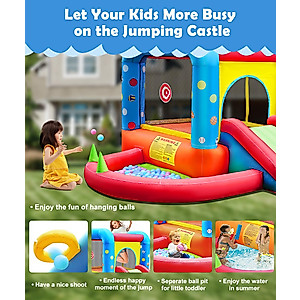 Step4Fun Inflatable Bounce House, Kids Castle Slide Bouncer for Children Jumping Outdoor and Indoor Party, Baby Backyard Water Jumper Toy with Blower, Ball Pit Pool, Ideal Gifts（112 x 98 x 65”）