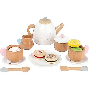 Small Foot Wooden Toys-Premium 17 Piece Toy Tea Playset- Deluxe Play Pretend Food Set includes Tea Pot, Cookies, Plates and Teacup-Ideal for Toddlers 3+