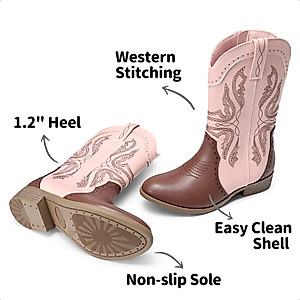 DREAM PAIRS Cowgirl Boots for Girls Boys Cowboy Boots Kids Western Embroidered Mid Calf Riding Shoes with Walking Heel Toddler/Little Kid/Big Kid,Size 9 Toddler,Pink/Brown,SDBO2222K