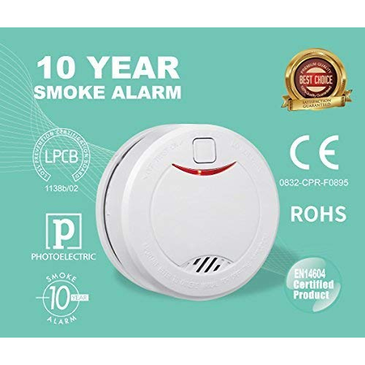10 Year Battery Smoke Detector Alarm, with Photoelectric Sensor, Auto Test