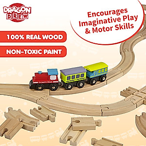 Dragon Drew Wooden Train Tracks - 55 Piece - Compatible with Brio, Thomas, Chuggington and All Major Brands – Accessories and Expansion Kit Includes 52 Tracks and 3 Cute Cars