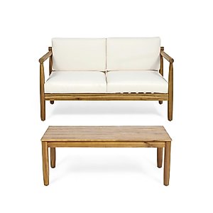 Christopher Knight Home Outdoor Acacia Wood Loveseat and Coffee Table with Cushions, Teak and Cream
