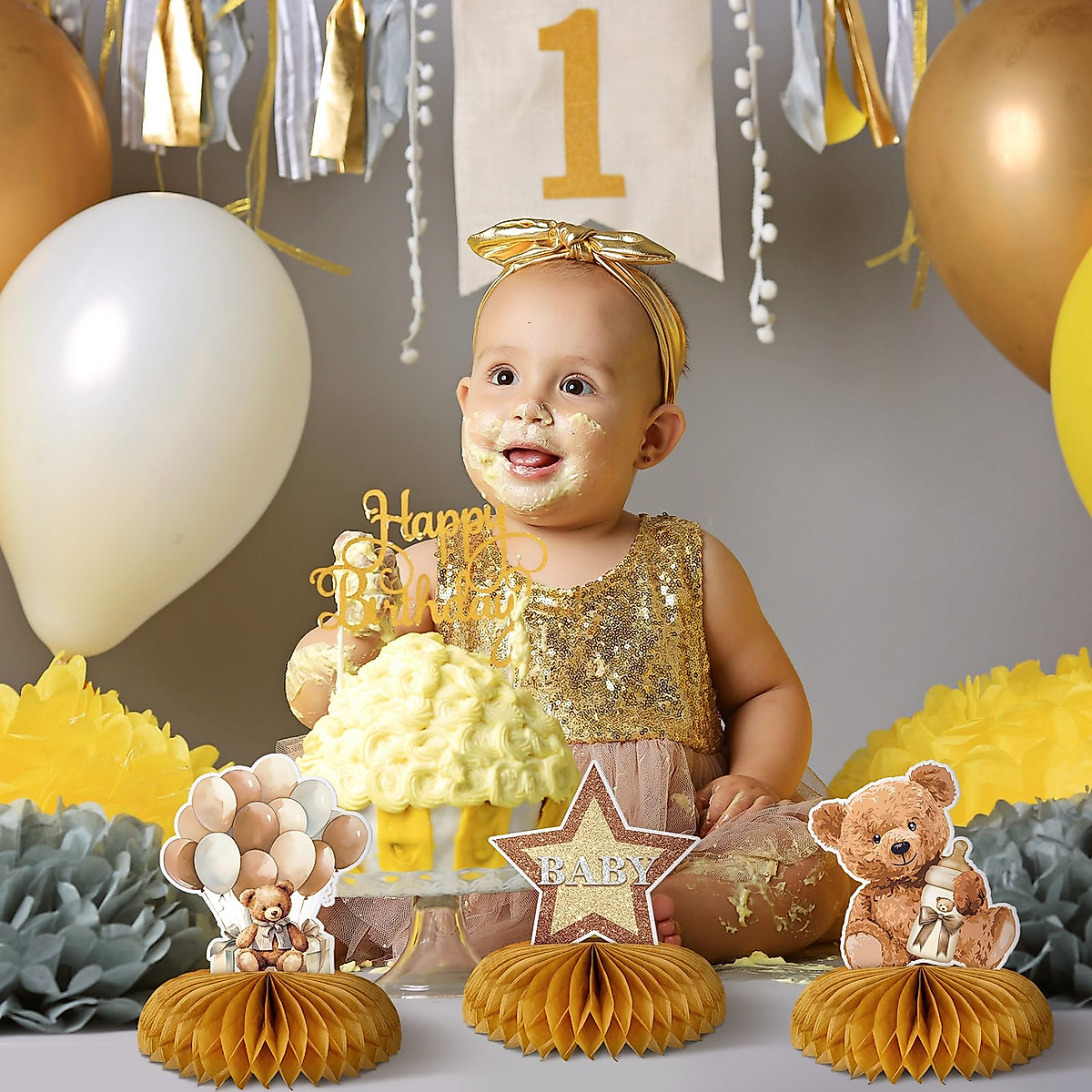 Zonon 8 Pcs We Can Bearly Wait Centerpieces Bear Baby Shower Decorations Bear Baby Shower Honeycomb Centerpieces Bear Table Decorations for Kids Party Favor Supplies (Brown)