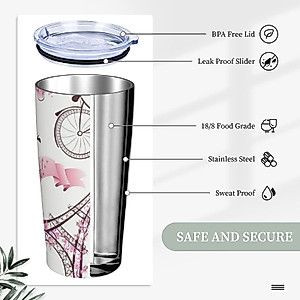 MORYEN 20 OZ Tumbler Double Wall Stainless Steel Cup Romantic Paris Butterfly Eiffel Printed Vacuum Insulated Coffee Cups Car Mug Home Office Travel