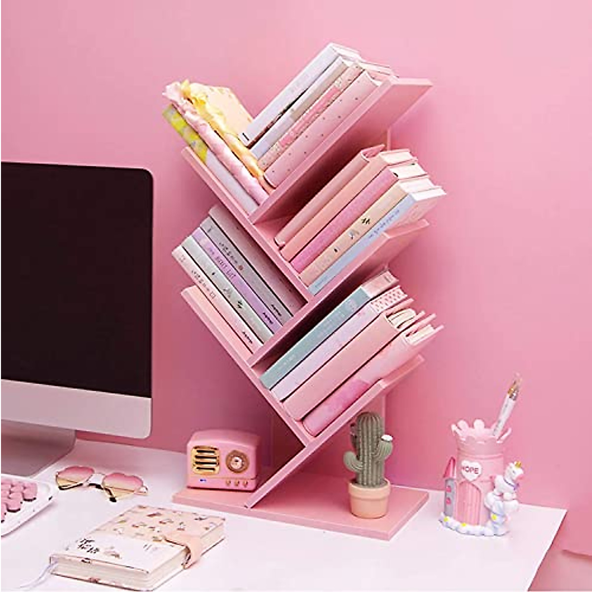 J.DXHY Tree Bookshelf,4-Layer Floor Standing Bookshelf,The Desktop Bookshelf Can Hold Books,Magazines,CDs and Photo Albums,Office Storage Rack,Pink