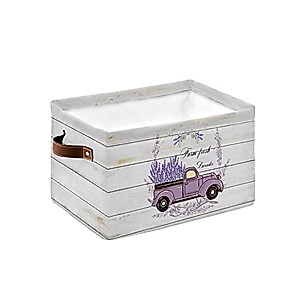 Storage Baskets for Shelves, Foldable Rectangle Storage Baskets, Truck with Purple Lavender on Vintage Wood Background Storage Containers for Organizing Dorm Closet Room(15” x 11” x 9.5”)