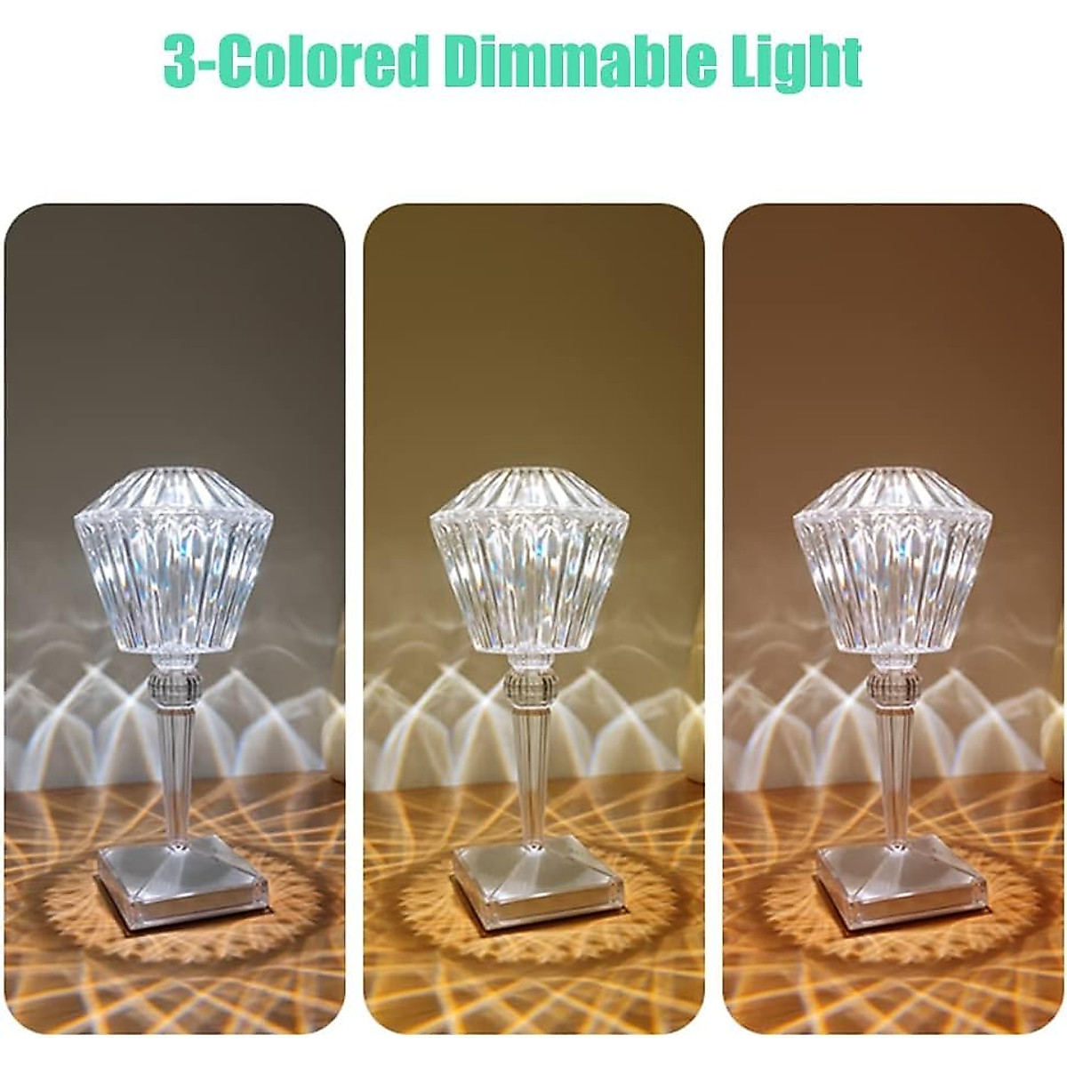 Marspeeder Crystal Table Lamp with 3-Color Dimmable Light, Portable USB Rechargeable LED Crystal Diamond Small Table Lamp, Touch Lamp for Bedroom,Wedding,Bars,Living Room,Office