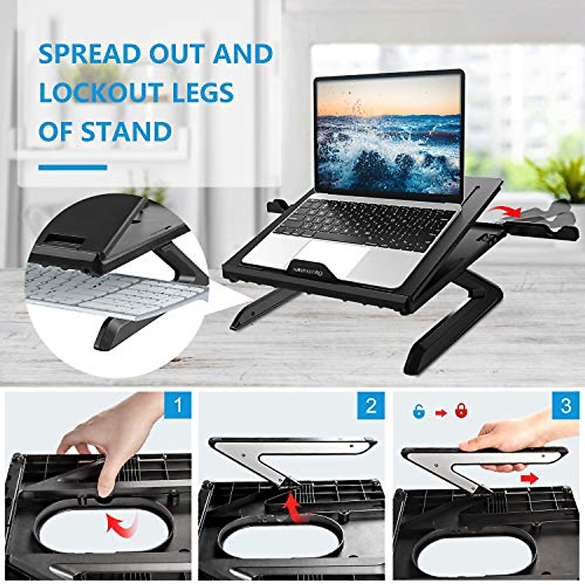 naspaluro Foldable Laptop Stand, Portable Adjustable Ventilated Notebook Stand with Foldable Legs & Phone Holders, Space-Saving Desktop Riser for Notebooks,Tablets,e Readers, Smart Phones and Books
