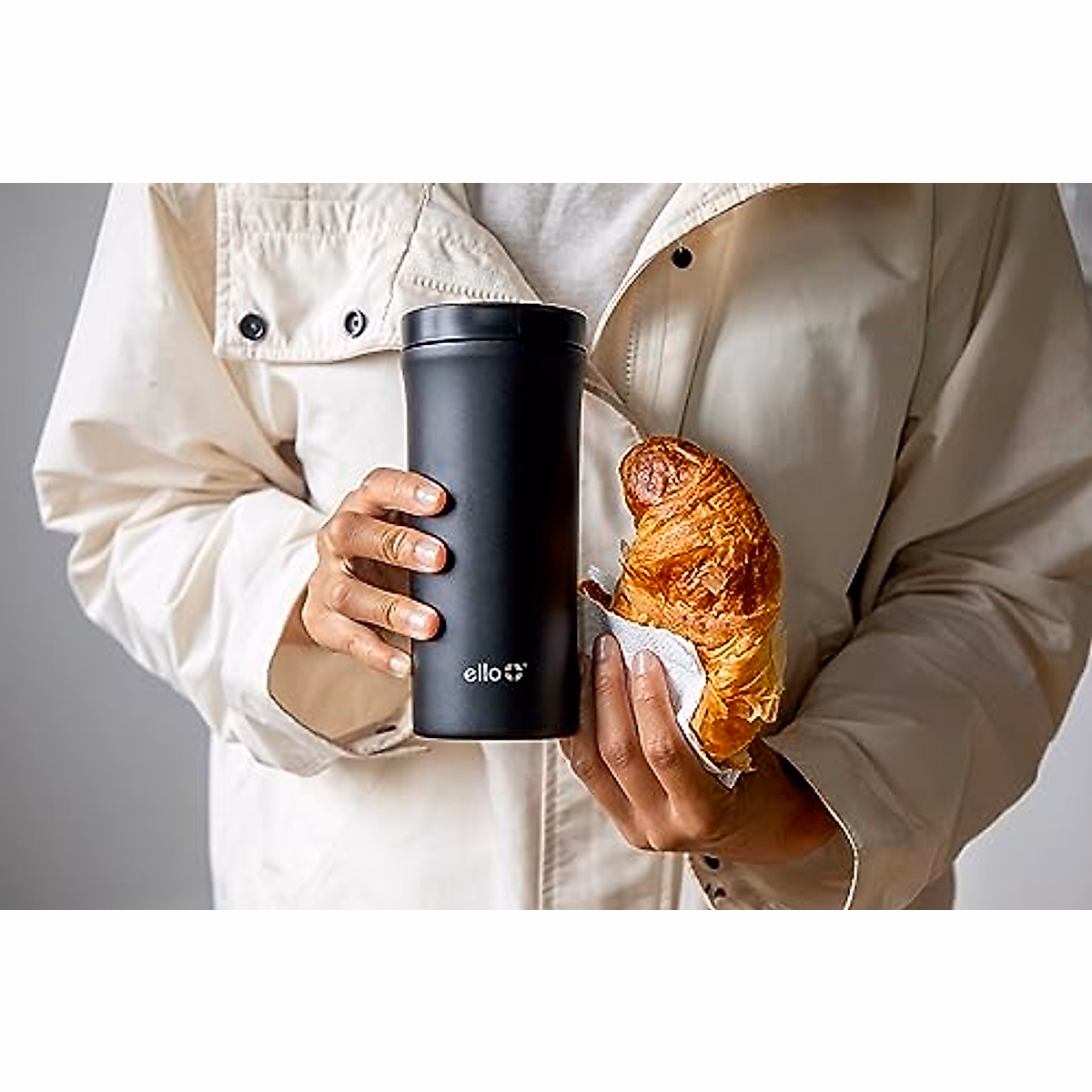 Ello Arabica 14oz Vacuum Insulated Stainless Steel Powder Coat Travel Mug with Leak-Proof Slider Lid, Keeps Hot for 5 Hours, Perfect for Coffee or Tea, BPA-Free Tumbler, Black