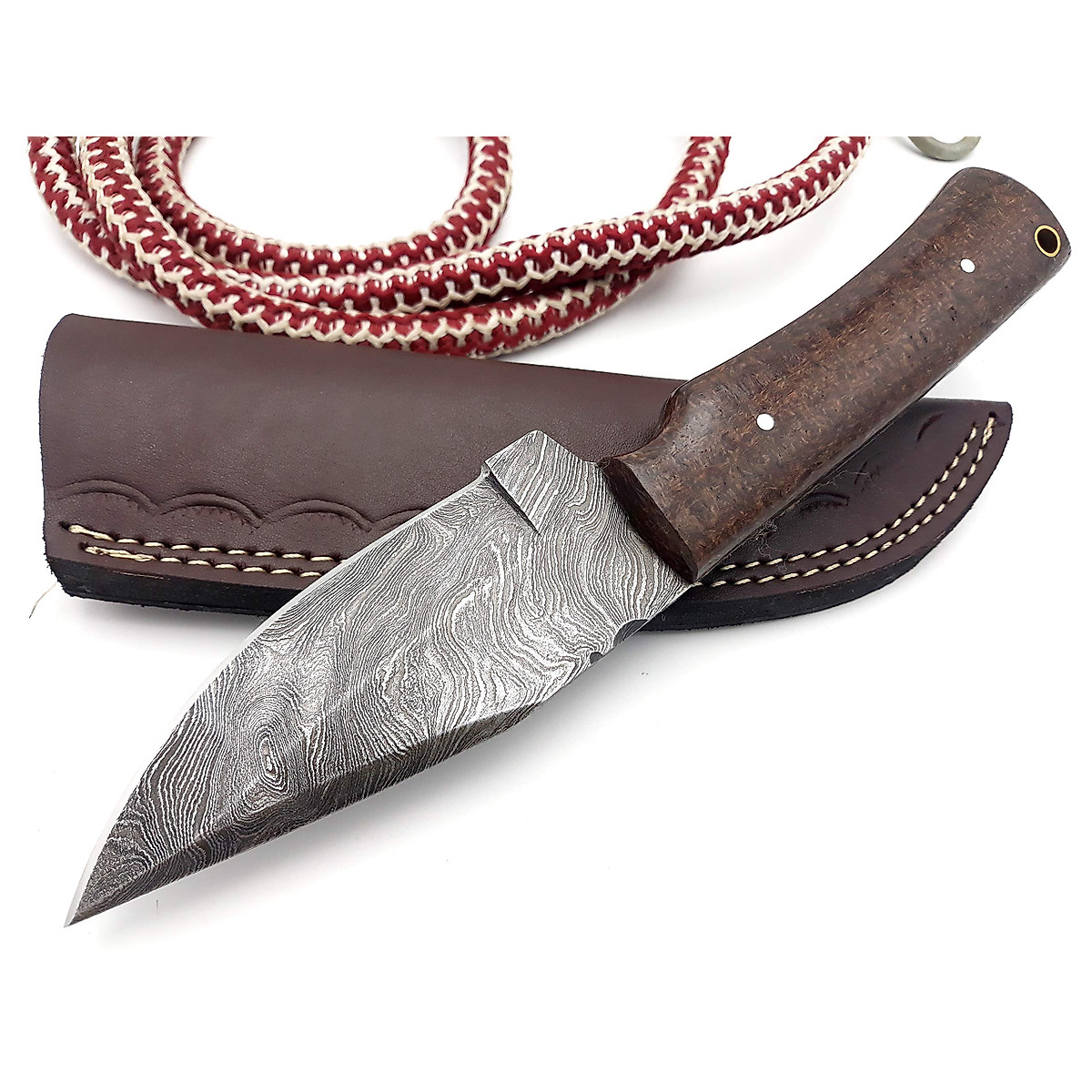 Nooraki SK-65 Handmade Damascus Hunting Knife 8.5 inches Full Tang Blade with Leather Sheath Skinner Knife, Exotic Walnut Wood Handle