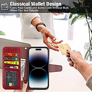 Arae Compatible with iPhone 14 Pro Max Case Wallet Flip Cover with Card Holder and Wrist Strap for iPhone 14 Pro Max 6.7 inch-Wine Red