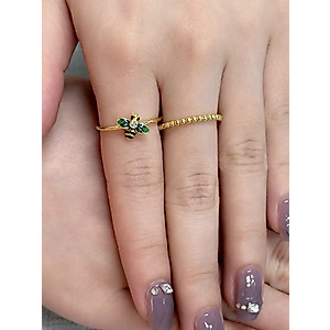 CZ Bee Promise Band Ring for Women 14K Gold Plated Dainty Cute Crystal Blue Green Bumblebee Honeybee Statement Stackable Finger Rings Comfort Fit Fashion Birthday Wedding Holiday Jewelry Gift Size 8