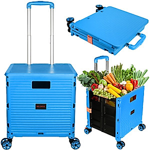 SELORSS Foldable Utility Cart Portable Collapsible Crate Rolling Carts with Wheels Rolling Tote Basket Teacher Cart with Lid Wear-Resistant 360°Rotate Wheel Noiseless for Shopping Storage Office Use