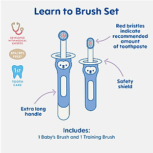MAM Learn to Brush Set (1 Baby's Brush Toothbrush, 1 Training Brush, 1 Safety Shield), Baby Toothbrushes with Brushy The Bear, Interactive App, for Girls 5+ Months, Pink