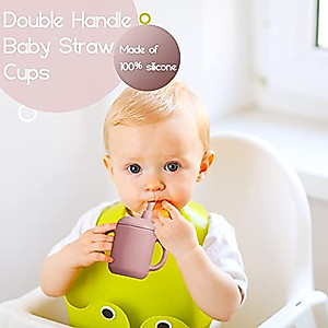 2 Pieces Toddler Cups Silicone Training Sippy Cups with Straw Lid and Non Slip Handles Spill Proof Trainer Cup Transition Cup for Baby Toddler Infant (Blush Colors)