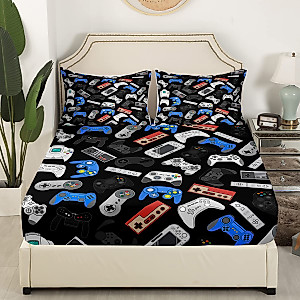 Teens Gamepad Fitted Sheet Modern Gamer Fitted Bed Sheet Twin Size for Kid Boy Children Video Game Bedding Set Player Gaming 2 Piece Bedding Decor Set Breathable Decorative Room(No Flat/Top Sheet)