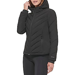 Calvin Klein Women's Scuba Side Panel and Sleeve Detail Adjustable Hood Zip PocketsPuffer, Black, X-Large