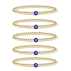 Evil Eye Luck Gold Beaded Protection Mal De Ojo Blue Eye bracelets For Women Gifts For Bestfriends, Mother, Family Members, Siblings, Sister（5pcs)