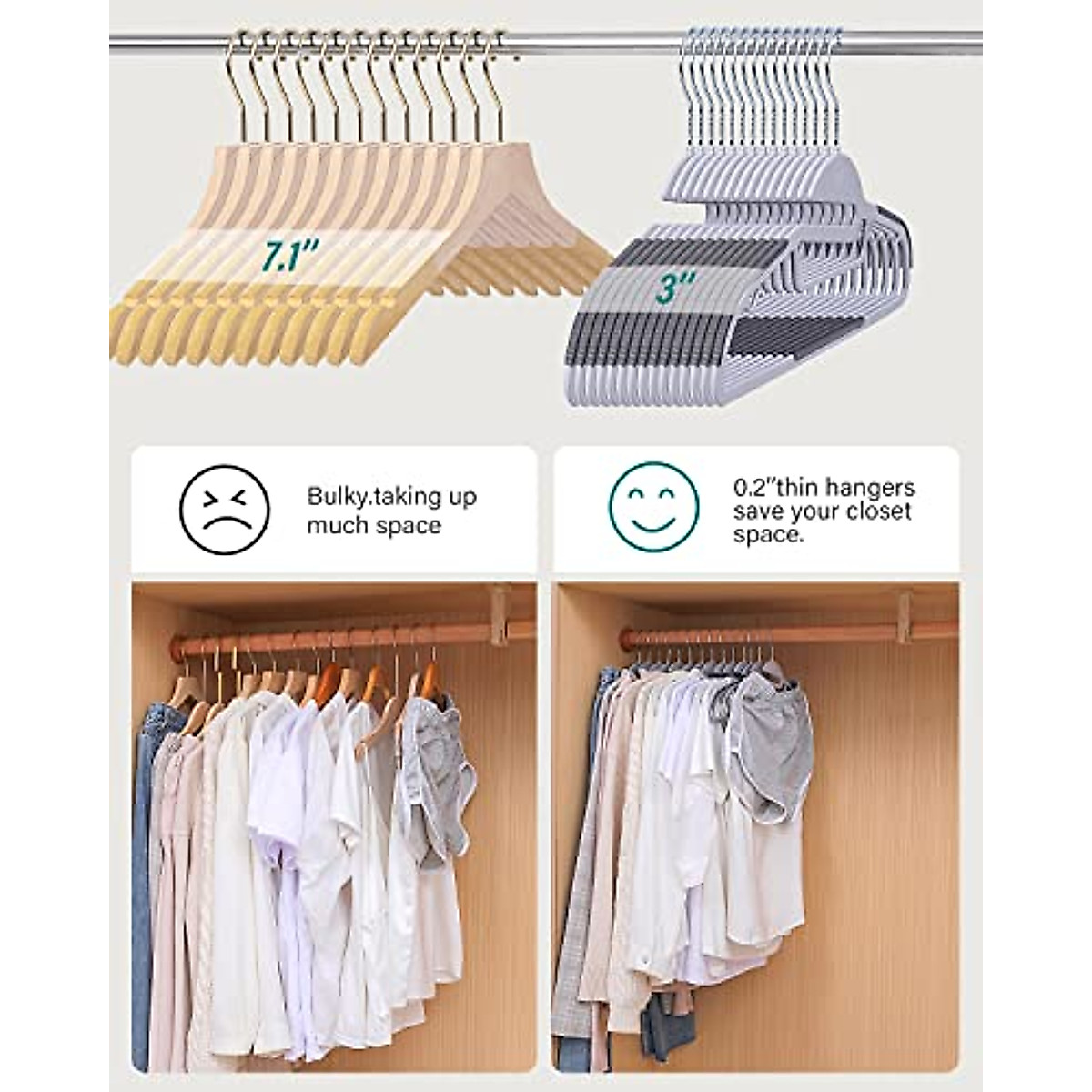 Plastic Hangers 60 Pack, Premium Quality Plastic Suit Hangers, S-Shaped Opening, Non-Slip, Space-Saving, 360º Swivel Hook, 16.5 Inches Long, 0.2" Thickness Super Lightweight Organizer