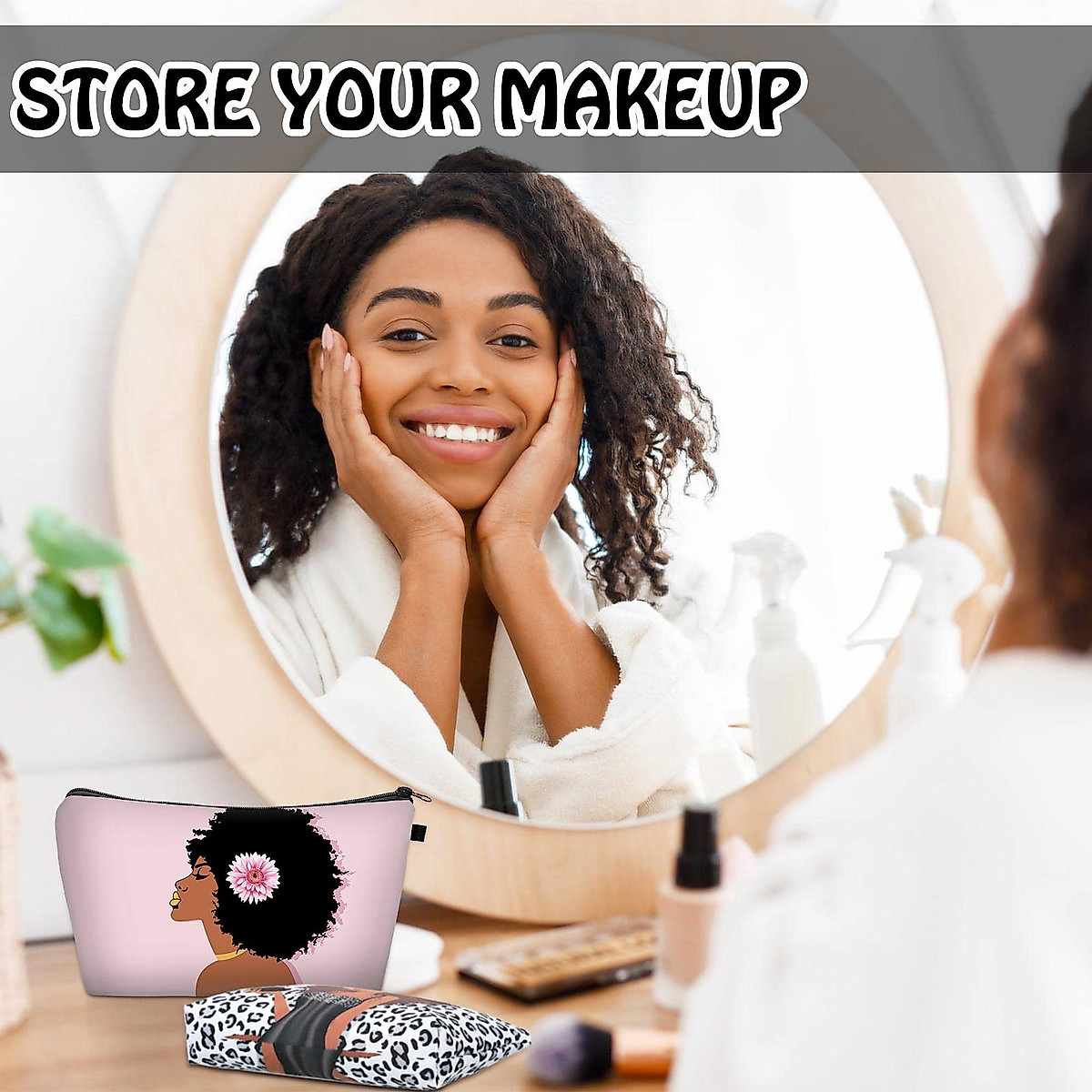 Chunful 9 Pcs Black Women Makeup Bag African American Make up Pouch Bags Canvas Travel Cosmetic Bags for Women Queen Zippered Toiletry Bag Reusable Multi Purpose Organizer for Adults (Stylish Style)