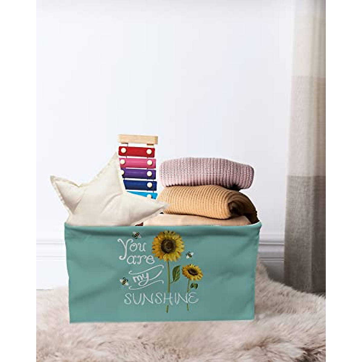 Storage Organizer Bins Set of 1 Storage Baskets for Clothes on Shelves With Handles Summer Farm Sunflower Sunshine Teal Green Rectangular Fabric Laundry Baskets for Organizing