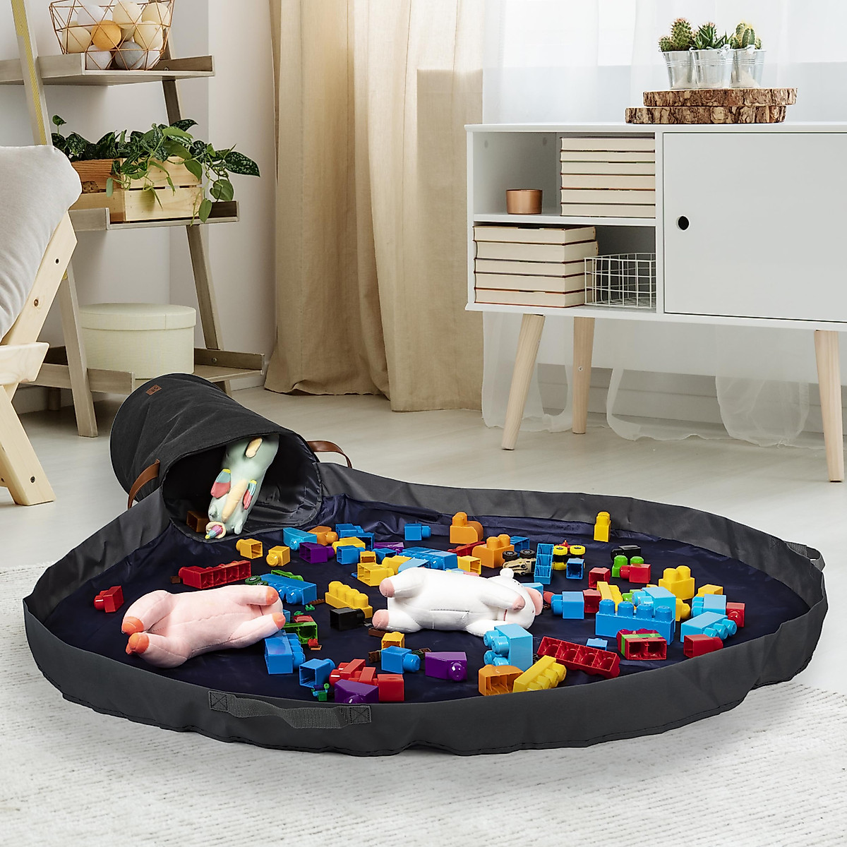 Toy Storage Basket and Playmat - Large Toy Blanket Storage Mat with Zippers - Slide Away Canvas Bag Storage Bin - Sturdy Kids Storage Baskets & Mat - Toy Bag Play Mat For Girls & Boys, Dark Charcoal