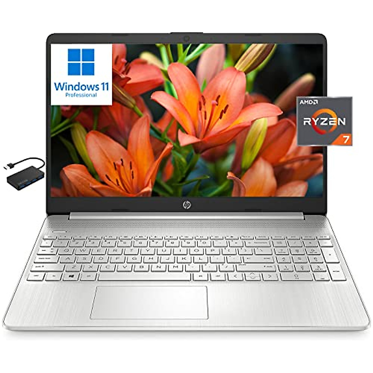 [Windows 11 Pro] HP 15 15.6" HD Business Laptop Computer, 8-Core AMD Ryzen 7 5700U (Beats i7-1180G7), 16GB RAM 512GB PCIe SSD, Numeric Keypad, Fast Charge, Wi-Fi 6, Bluetooth, Long Battery Life, w/Hub