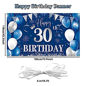 30th Birthday Banner Backdrop,BTZO Happy 30th Birthday Decorations,Blue Silver Fabric Photo Backdrop Background for Men and Women 30th Birthday Party,70.8 x 43.3Inch