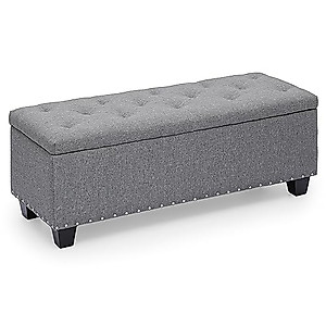 MoNiBloom 42 Inch Long Storage Ottoman for Bedroom, Contemporary Grey Linen Tufted Bench Footrest Foot Stool Upholstered Rectangular Ottoman with 40L Inner Space, 660 Lbs Capacity
