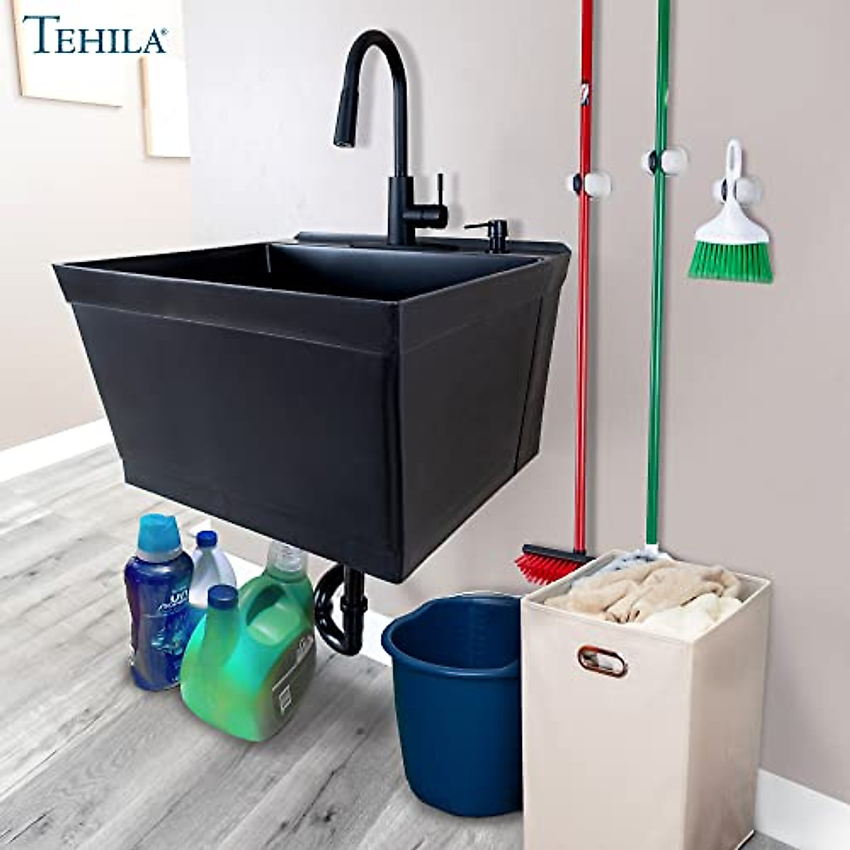 JS Jackson Supplies Tehila Black Wall-Mounted Utility Sink Tub Kit with Black Pull-Down Faucet, Wall-Mounted Utility Tub with Wall Bracket for Laundry Room, Garage, Workshop