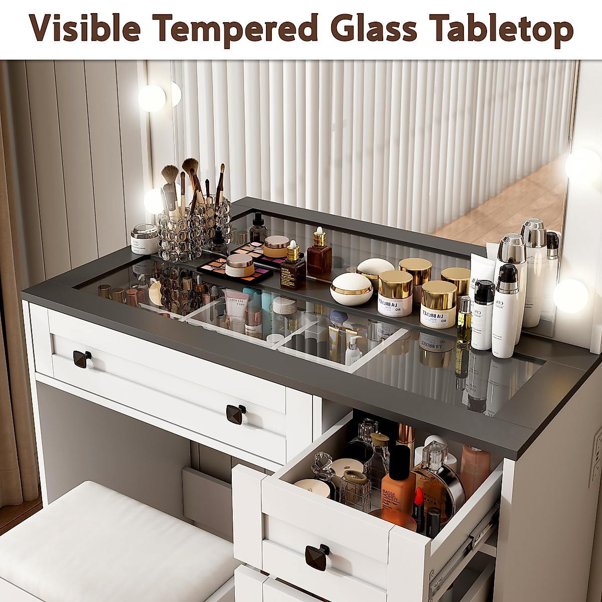 35.4" Makeup Vanity Desk with Mirror and Lights and Chair, Glass Tabletop Farmhouse White Rustic Vanity Desk, Easily Assembled 3 Color Lighting Mode Makeup Vanity for Women (Glass Top)