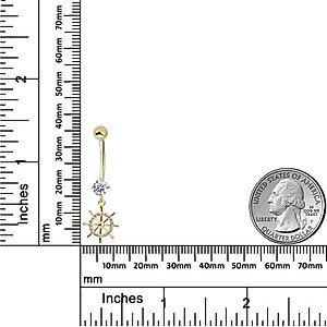 AVORA 10K Yellow Gold Simulated Diamond CZ Nautical Ship Wheel Dangling Belly Button Ring Body Jewelry (14 Gauge)