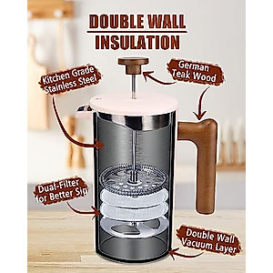 POLIVIAR French Press Coffee Maker, 34 Ounce Coffee Press with Real Wood Handle, Double Wall Insulation & Dual- Filter Screen, Food Grade Stainless Steel for Good Coffee and Tea JX2020-FPP