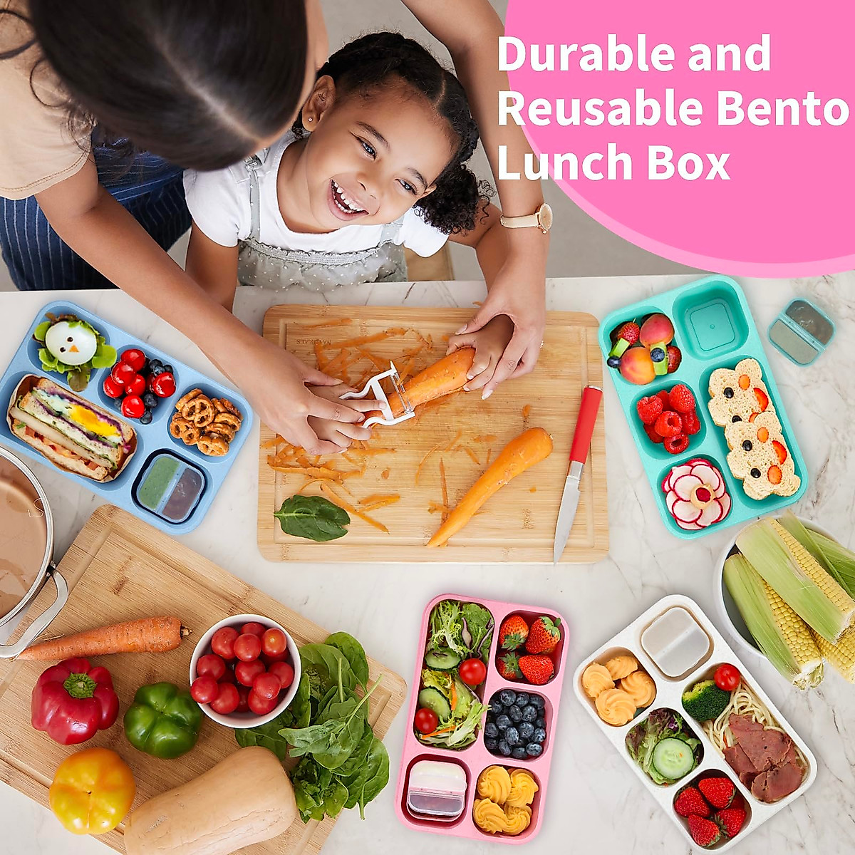 Lunbxx Snack Box Containers for Adults，4 Pack Bento Lunch Box for Adult & Kids, 5 Compartment Adult Lunchable Containers with Utensils, Sauce Jar, 44 Oz/1300ML Large Size (Wheat)