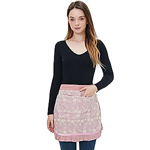 Cotton Lovely Half Apron Fashion Lace Embroidered Restaurant Bistro Waitress Apron Kitchen Waist Apron for Womens Girls (Pink)