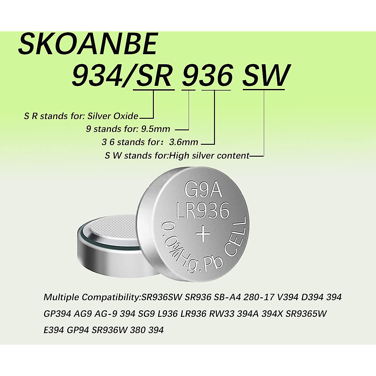 SKOANBE SR936SW 394 AG9 1.5V Button Coin Cell Watch Battery (10-Pack)