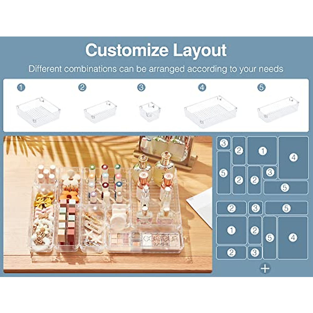 Puroma 10Pcs Drawer Organizer Set 5-size Versatile Vanity and Bathroom Drawer Organizers, Clear Plastic Desk Drawer Organizer Trays and Customize Layout Storage Bins for Makeup Kitchen Office (Clear)