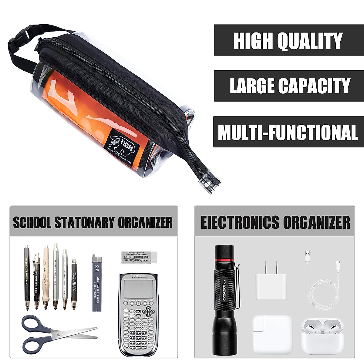 Rough Enough Clear Pencil Case Pen Pouch Bag with Zipper Portable Handle for Teen Boys Girls Adults School Office Stationary Art Supplies College Waterproof Black