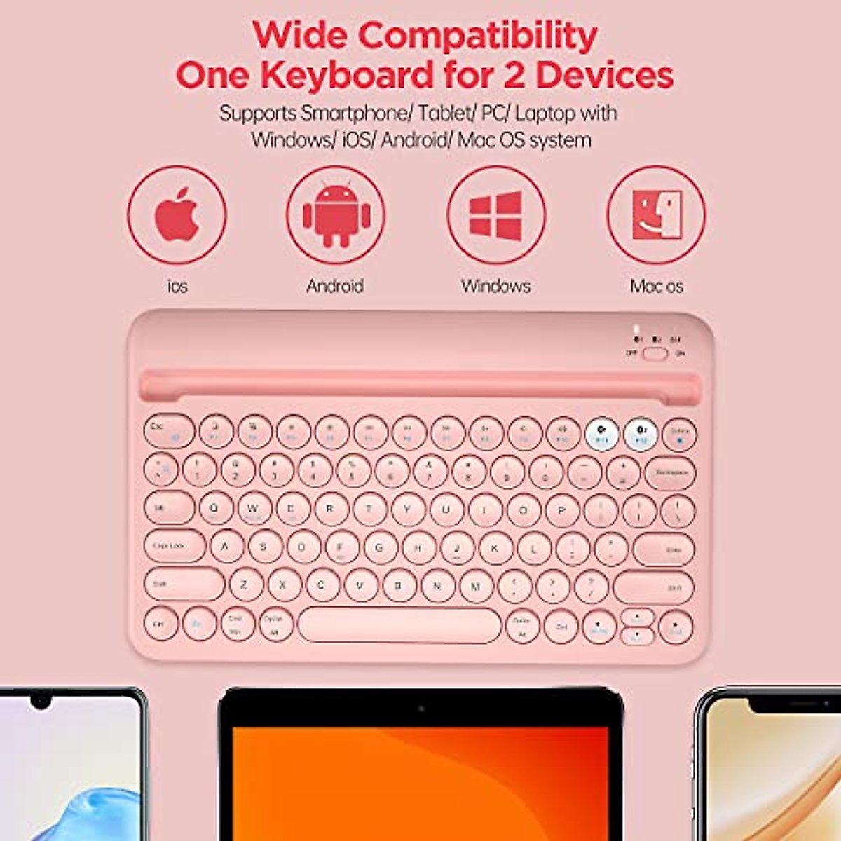 Samsers Multi-Device Bluetooth Keyboard, Rechargeable Wireless Bluetooth 5.1 Keyboard with Integrated Stand, Support 2 Devices for Smartphone Tablet iPad Laptop MacBook PC iOS Android Windows - Pink