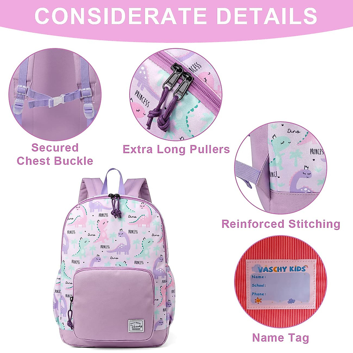 VASCHY Kids backpacks Girls, Cute Lightweight Water Resistant Toddler Kindergarten Preschool Backpack Purple Dinosaurs Purple Dinosaurs