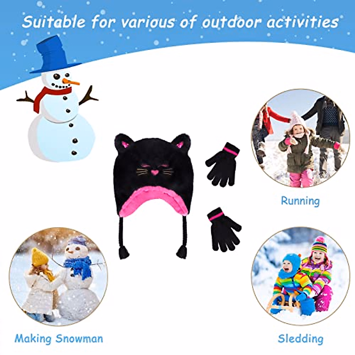 Toddler Cat Ear Winter Hat and Gloves for Girls, Fleece Lined Hat & Kids Mittens Set for Ages 4-7 Black