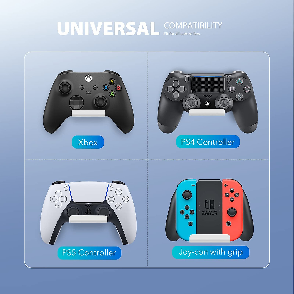 6amLifestyle 4 Pack Controller Wall Mount with Anti-Slip Pads for PS5 PS4 Xbox One Switch Pro Gamepad Controller Holder Adhesive/Screws, Universal Hanger Hook Accessories, White