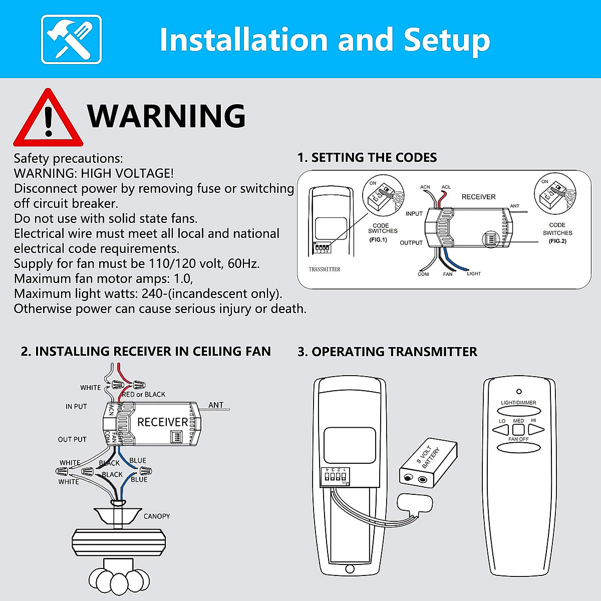 Universal Ceiling Fan Remote Control and Receiver Kit for Hampton Bay Hunter Harbor Breeze, 3-Speed Light Dimmer, Replacement for FAN28R Fan-HD L3H2010FANHD CHQ7078T UC7078T 53T HD5 Kit