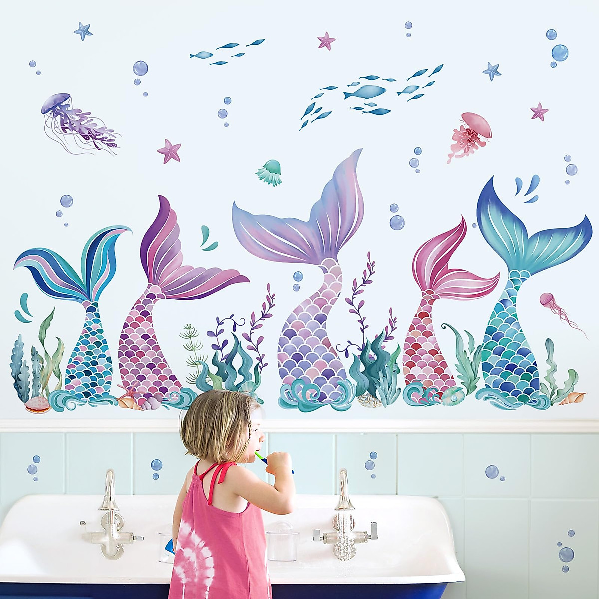 wondever Mermaid Tail Wall Stickers Under The Sea Mermaid Bubble Seaweed Peel and Stick Wall Art Decals for Baby Nursery Girls Bedroom Bathroom