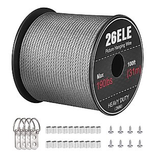 26ELE Picture Hanging Wire 190lbs, Heavy Duty Stainless Steel Wire Rope for Hanging Picture Frame Mirror and Wall Art, Strong Metal Wire 100Feet with 20PCS Crimping Sleeves, 4 D Rings and 8 Screws