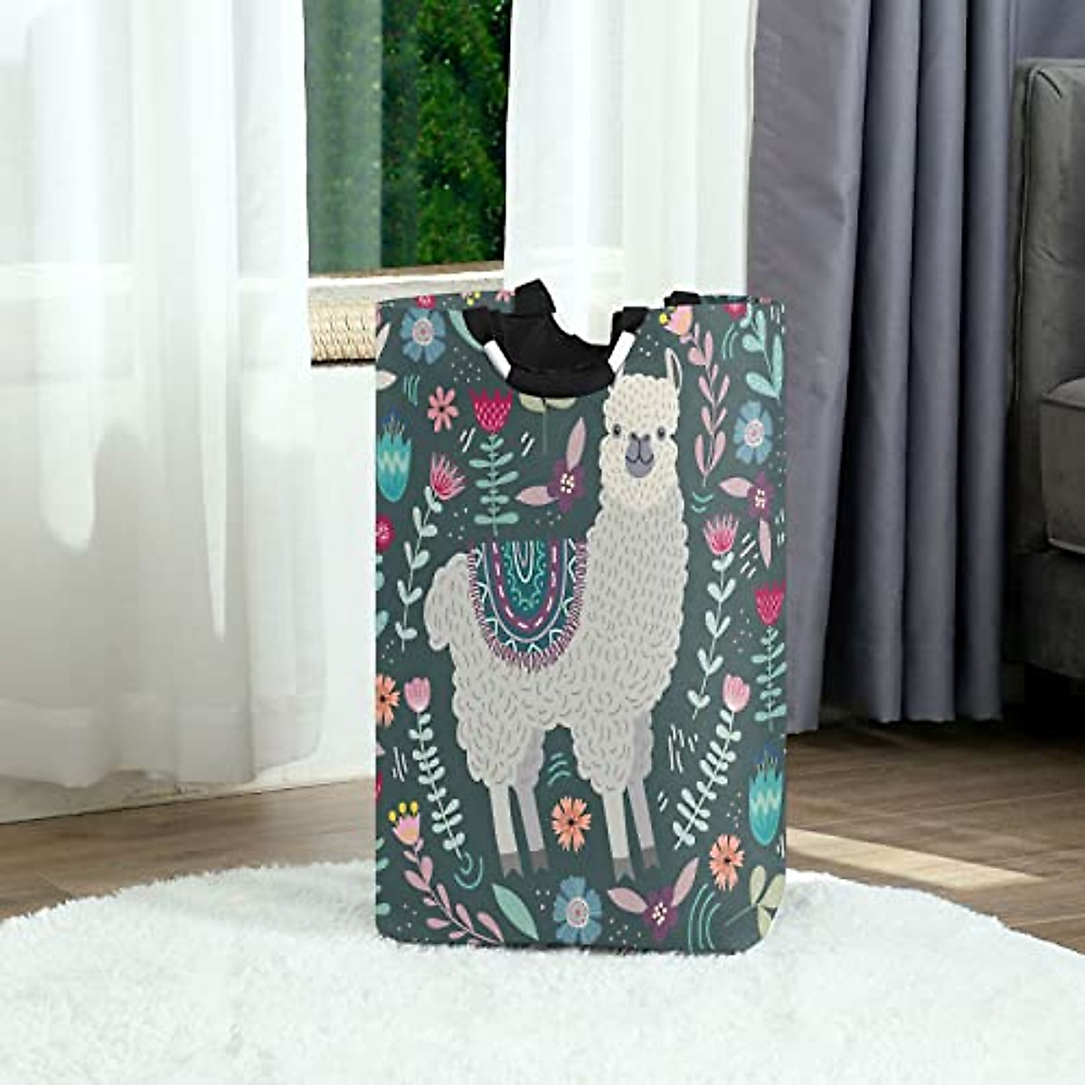 Kigai Cute Floral Llama Laundry Basket Large Collapsible Waterproof Laundry Hamper with Handles Portable Storage Basket Dirty Clothes Toys Organizer for College Dorms, Nursery, Bathroom
