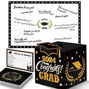 algpty Graduation Decorations Black and Gold 2024 - Guest Book Alternative, Graduation Cards Box with 36PCS Graduation Advice Cards, Signature Board Congrats Grad Decoration Graduation Supplies 2024